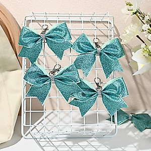 Aileam 6PCS Cheer Bow Key Chain Glitter Green Hair Bow for Girls Rhinestones Sequin Bow School Senior Cheer Bow Accessories for Teen Softball football Cheerleader Sports