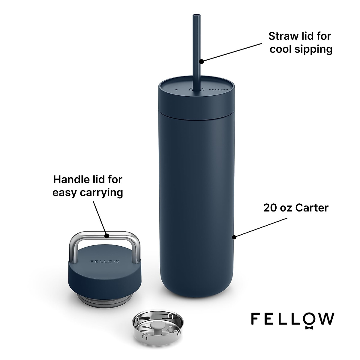 Fellow 20 oz Carter Water Bottle with 2 Lids - Leak-Proof Lid with Metal Handle - Cold Lid with Straw - Ceramic Interior & Vacuum-Insulated Stainless Steel - Stone Blue