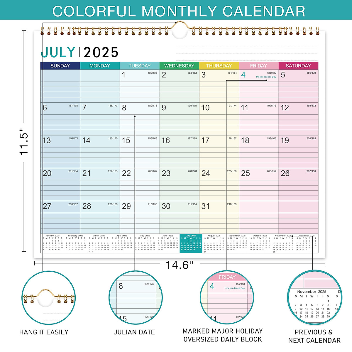 2025-2026 Calendar - Wall Calendar 2025-2026, March 2025 - August 2026, 18 Monthly Calendar with Thick Paper, 15" x 11.5", Hanging Hook - Colorful Lump