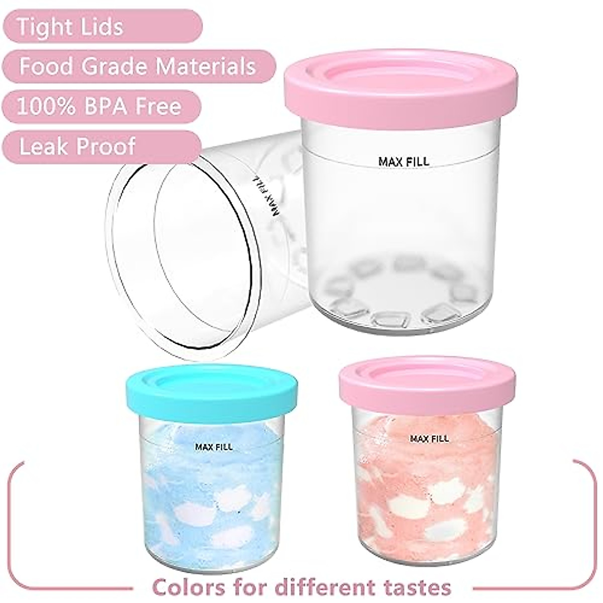 XOOBIU Extras Containers 16oz, Replacement for Ninja Creami Pints And Lids, Compatible with NC301 NC300 Series, BPA Free & Dishwasher Safe Leak Proof (Pink/Blue)