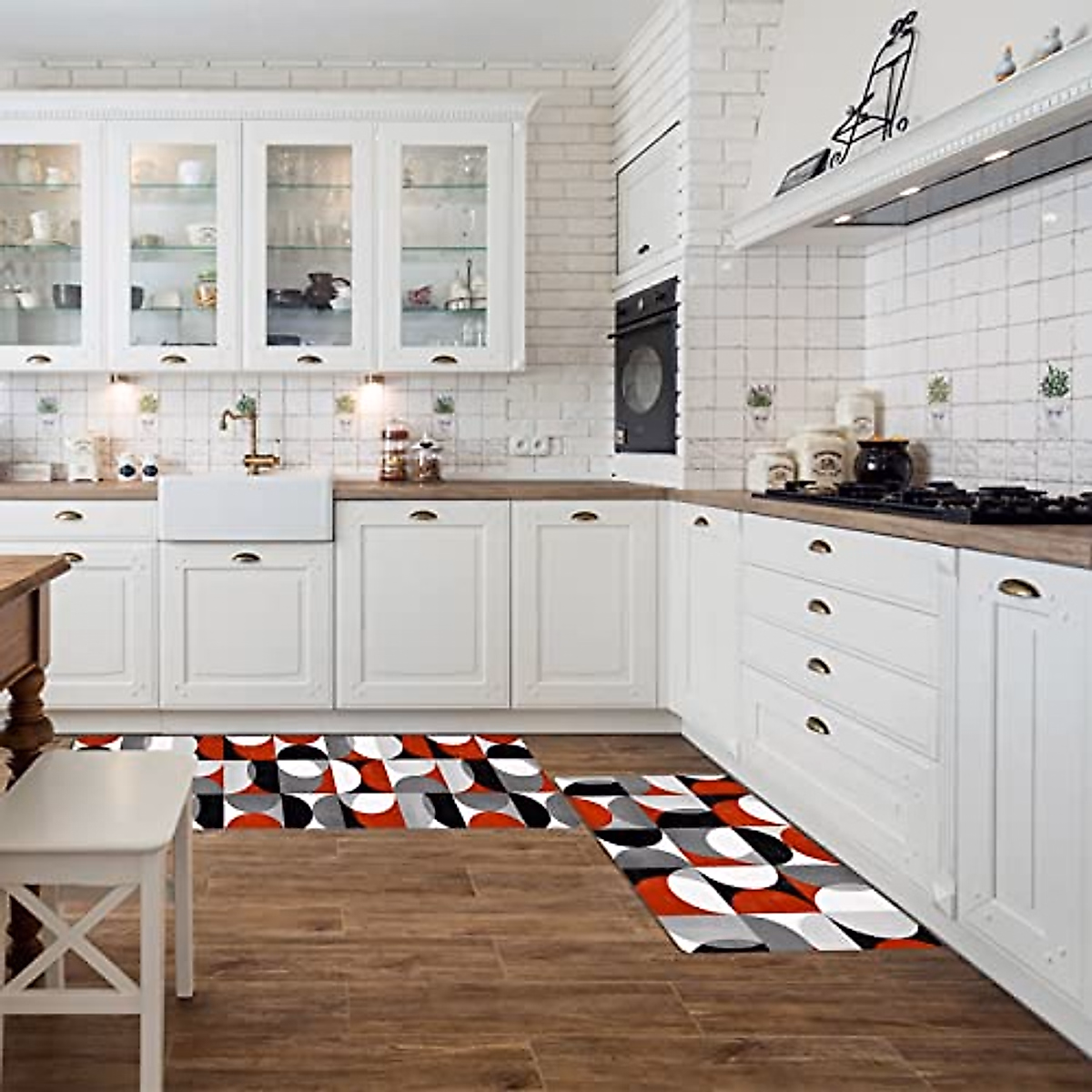 Middle Ages Kitchen Mats and Rugs, Anti-Slip Kitchen Floor Mats, Water Absorbent Comfort Memory Foam Standing Mats for Office, Sink, Laundry, Kitchen Grey Red Black Abstract Geometric Texture