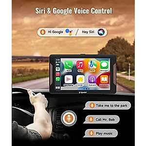Spedal 7 Inch Wireless Apple CarPlay and Android Auto, Portable Car Stereo with Mirror Link, Multimedia Player, Bluetooth, AUX/FM, Google and Siri Assistant, Dash or Windshield Mounted