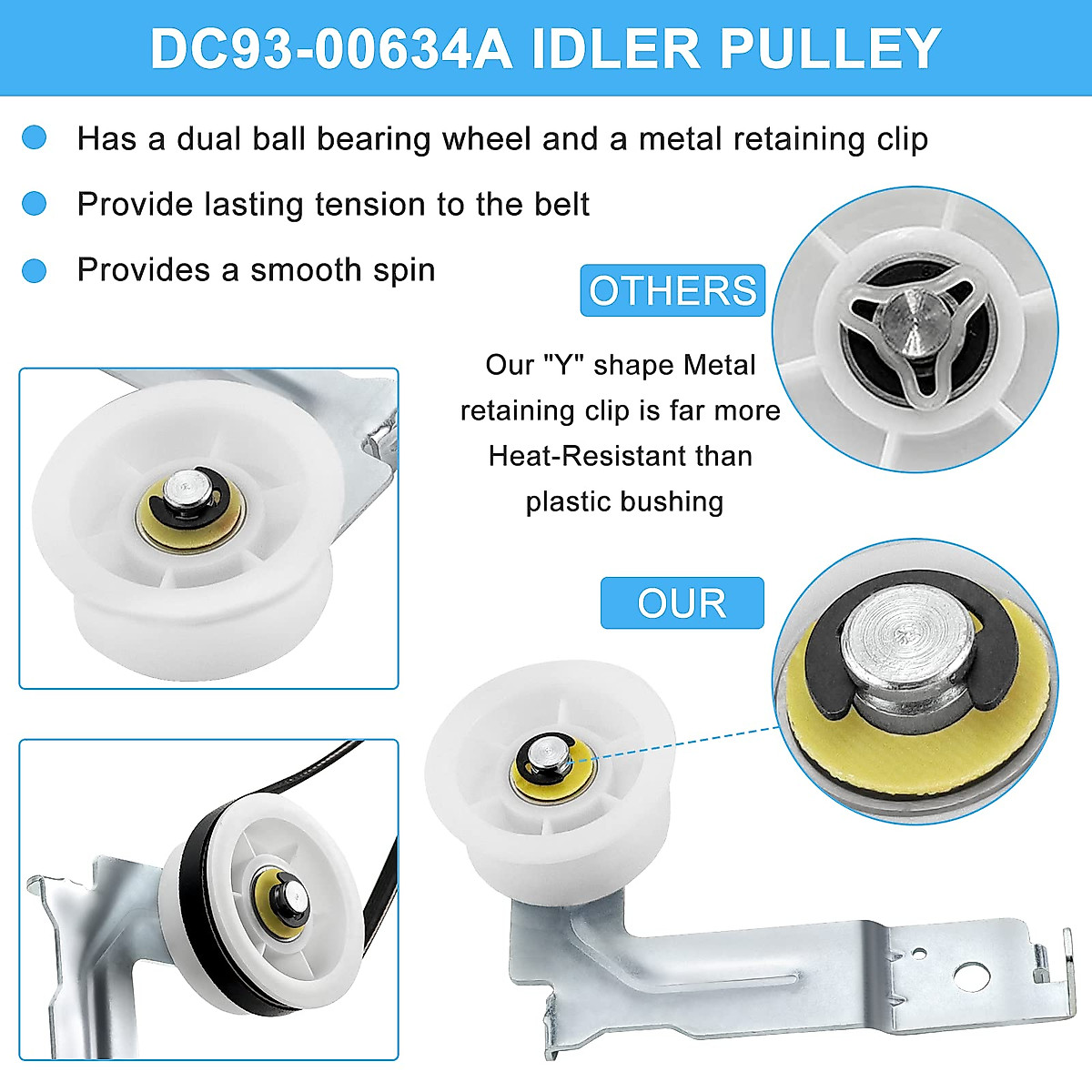 DV45H7000EW A2 DV42H5000EW A3 Parts Replacement for Samsung Dryer Roller Replacement Kit DC97-16782A Dryer Belt 6602-001655 Idler Pulley DC93-00634A Tension Spring for DV42H5200EW A3 DV48H7400EW A2