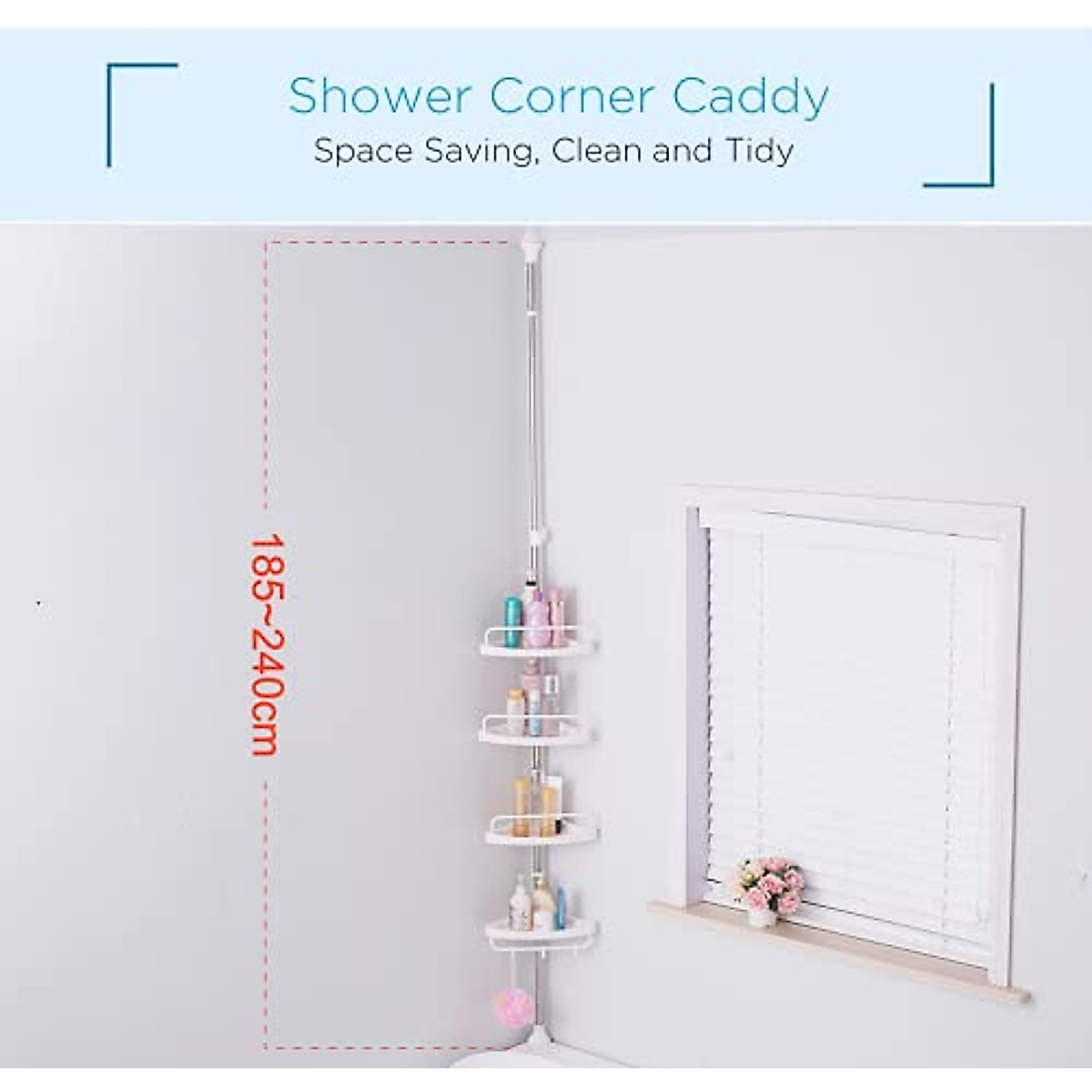 BAOYOUNI 4 Tier Shower Pole Caddy Tension Rod Adjustable Corner Storage Rack Organizer Stand Vertical Tall Bathtub Shelf Floor to Ceiling Extendable Bathroom Space Saver - Ivory