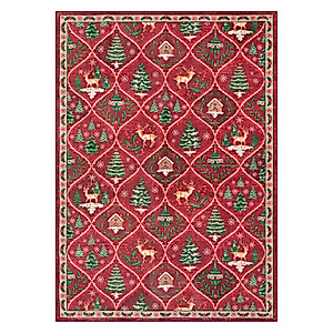 Lahome Christmas Living Room Rug, 5x7 Print Christmas Reindeer Rugs for Bedroom Aesthetic Large Washable Area Rug, Soft Christmas Tree Area Rug Stain Resistance Dining Room Rugs for Under Table (Red)