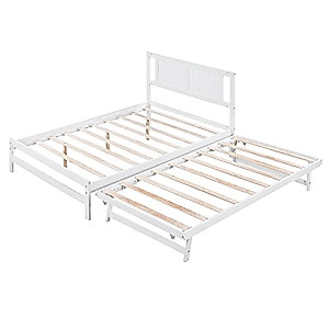 Morhome Full Size Platform Bed with Adjustable Trundle, Wooden Bed Frame with Headboard for Kids Teens Adults