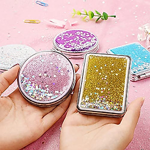 Creative Quicksand Makeup Mirror Double-Sided Portable Compact Mirror Glitter Foldable Fashion Hand Mirror Portable Travel Pocket Makeup Mirror (Round-Gold)