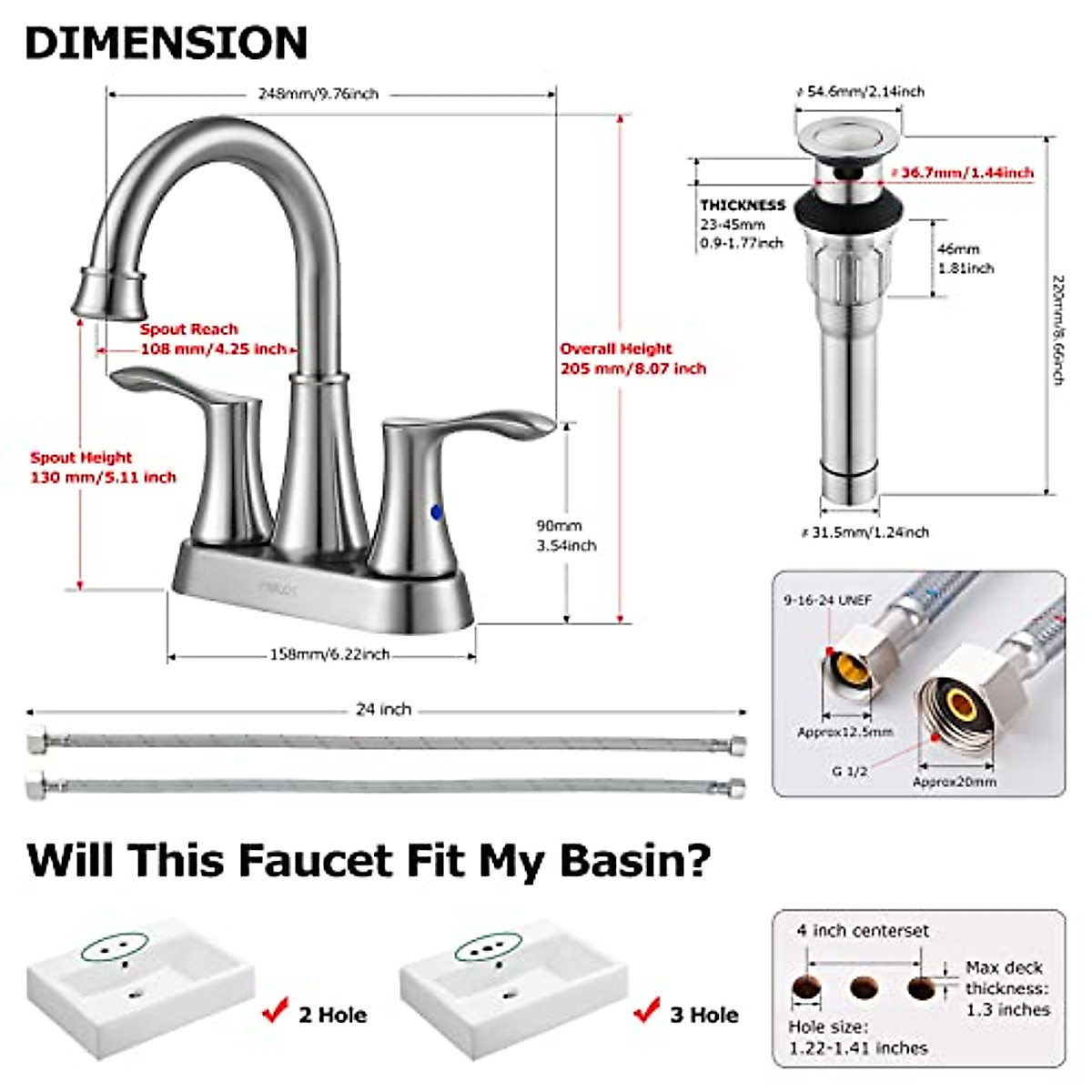 PARLOS Swivel Spout 2-Handle Lavatory Faucet Brushed Nickel Bathroom Sink Faucet with Metal Pop-up Drain and Faucet Supply Lines, Demeter 13627