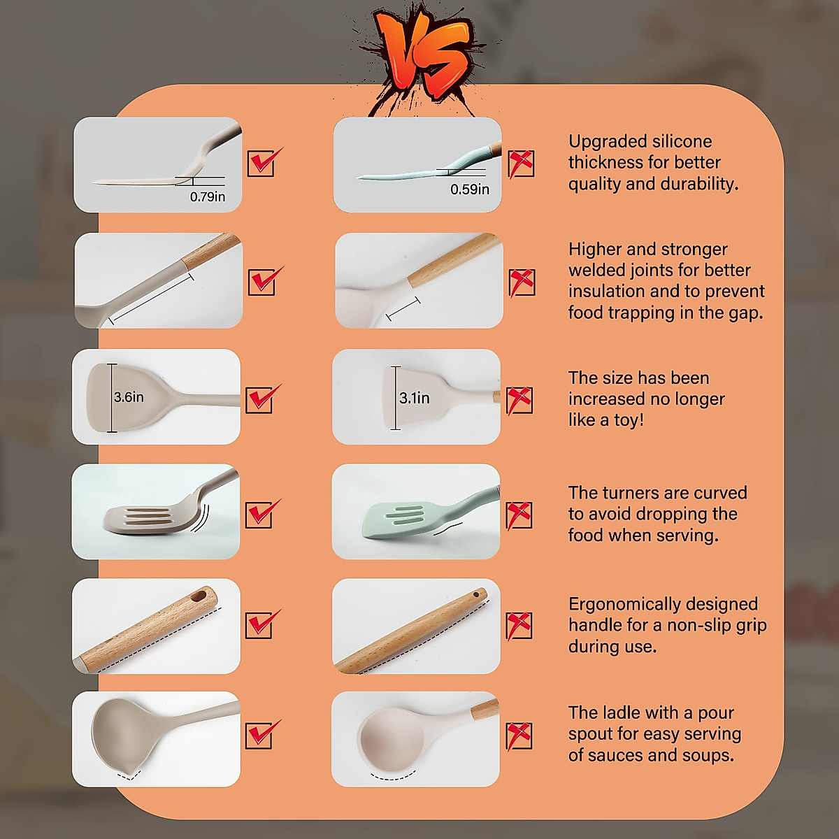 Hvygss Silicone Cooking Utensils Set, Heat Resistance Kitchen Utensils Set with Long Wooden Handle, BPA-free Large Silicone Spatula, Kitchen Tools for Non Stick Frying Pans and Pots, 6 Pcs（Khaki）