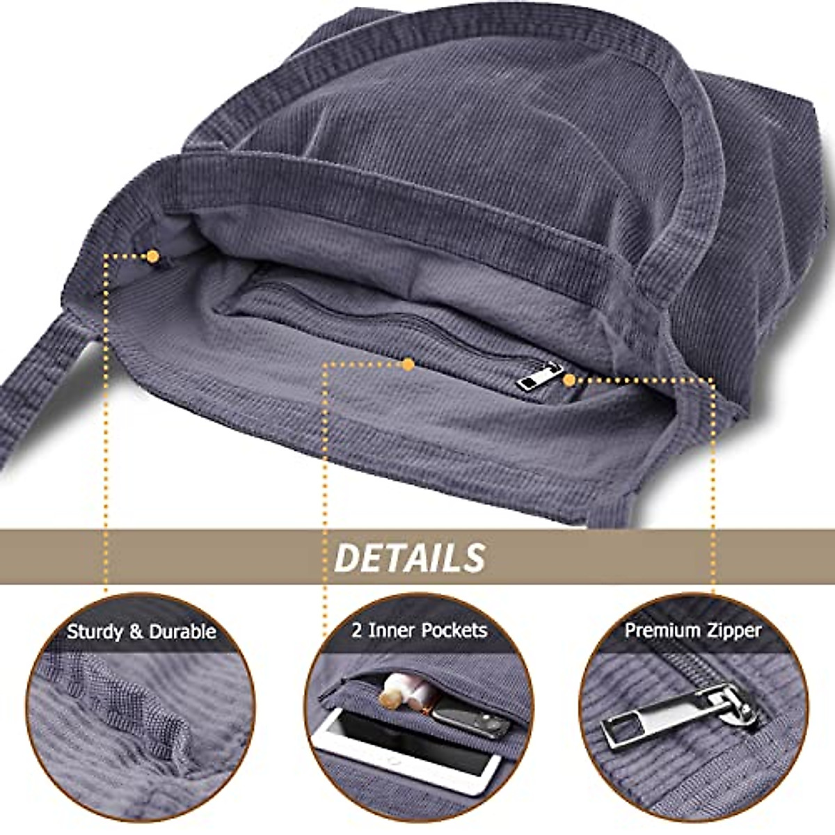 Captain Blues Corduroy Tote Bag Large Capacity Cute Tote Bags Aesthetic Thicken School Bag for Women Daily Use(Grey)