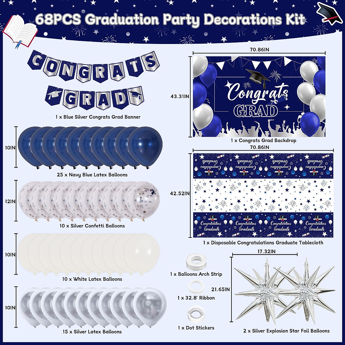 Graduation Decorations Class of 2024, Navy Blue Graduation Party Decorations 2024 Congrats Grad Banner Backdrop, Tablecloth, Star Foil Balloons Arch, 2024 Grad Decor for College High School Nurse