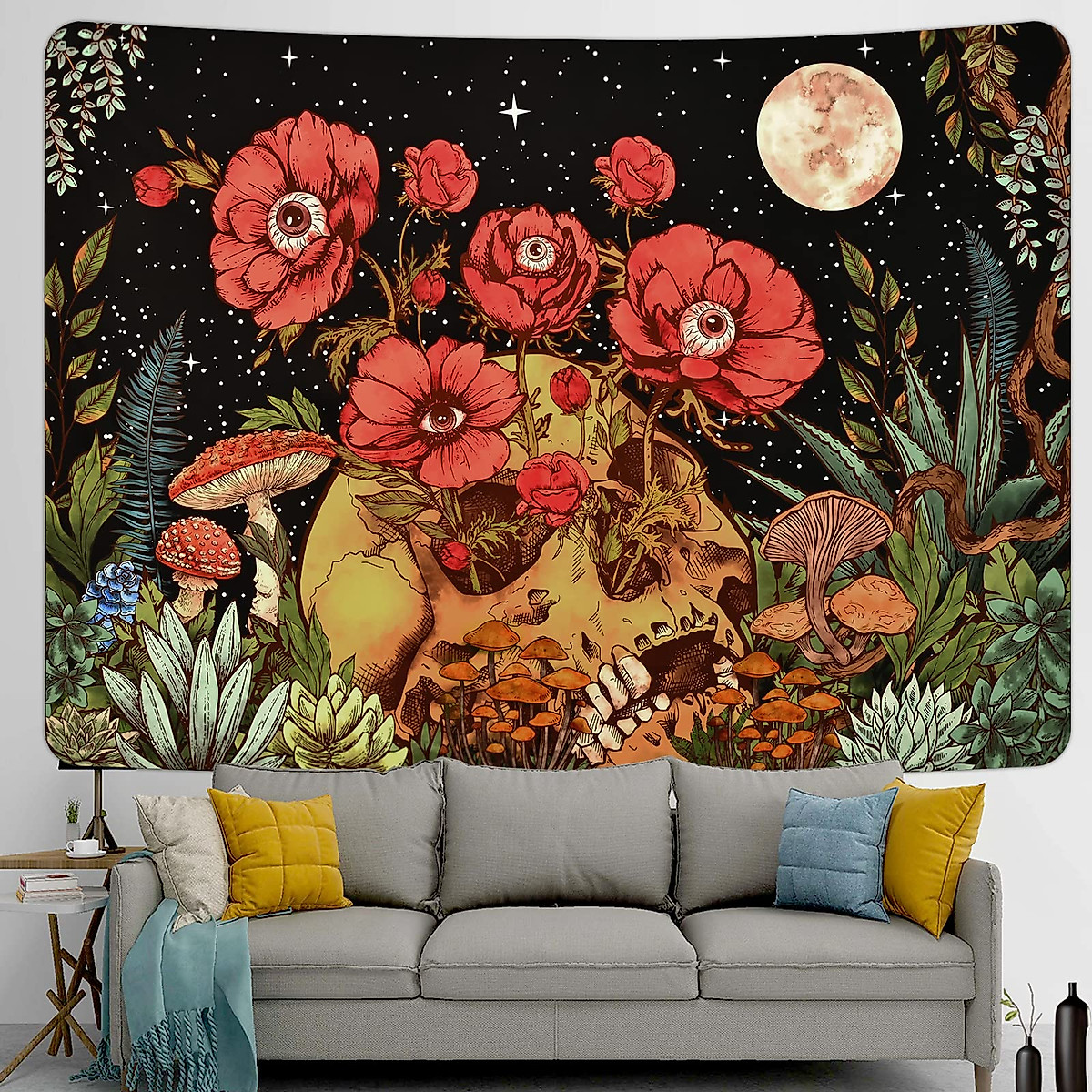 Uspring Skull Floral Tapestry Flowers Skeleton Tapestry Moon Garden Tapestry Mushroom Plants Tapestry Trippy Vintage Tapestry Wall Hanging for Room (59.1 × 82.7 inches)