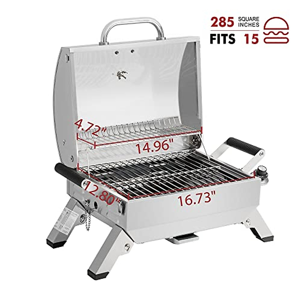 Grills House Stainless Steel Portable Grill with Two Handles and Travel Locks, Tabletop Propane Gas Grill with Folding Legs, 10000 BTU, for Picnic Cookout, GT2001, Silver