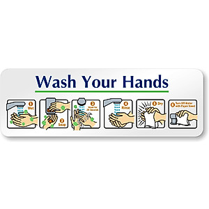 SmartSign 2 x 6 inch “Wash Your Hands” Hand Washing Instructions Sign with Adhesive Backing for Bathroom, Matte Finish, 32 mil Anodized Aluminum, Multicolor, Made in USA
