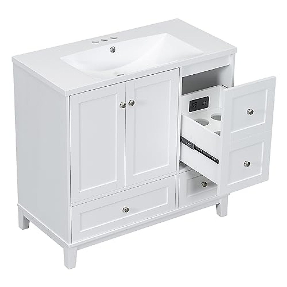 FEELLE 36 Inch Modern Bathroom Vanity with USB Charging, 2 Doors and 3 Drawers Bathroom Storage Vanity Cabinet with Single Sink, White