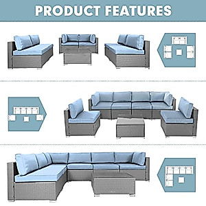 SOLAURA 7-Piece Outdoor Patio Furniture Set, Gray Wicker Conversation Furniture Modular Sectional Sofa Set with YKK Zipper &Coffee Table - Sky Blue