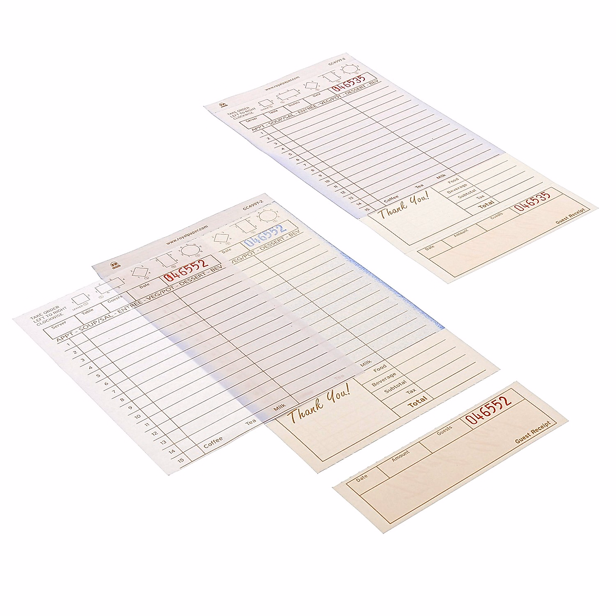 AmerCare Royal Tan Guest Check Paper Receipt Book, Carbonless Order Book with 15 Lines, 2 Part Loose, Pack of 250 Server Notepad Books