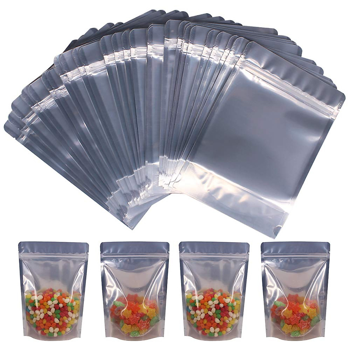 Belinlen 100 Pack 6 x 9 Inch Stand Up Pouch Bags Zipper Mylar Bags Clear Front with Aluminum Foil Back Reusable Food Storage Bags for Multipurpose with Gusset Bottom(5.5mil Thickness)