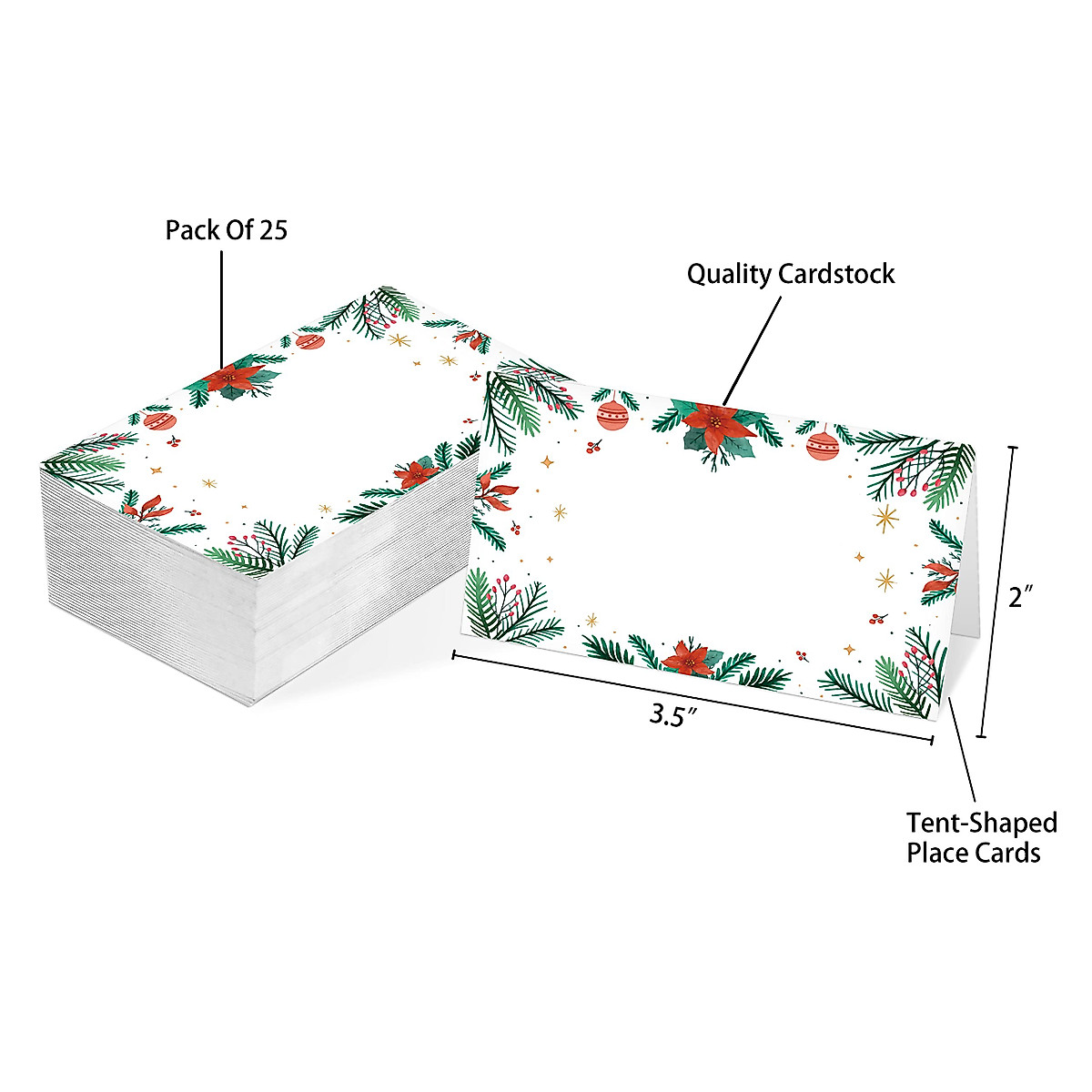 Table Place Card, Christmas Themed Tent Style Cards, Pack of 25 Half-Fold Reception Place Card, Perfect for Christmas Party, Birthday, Wedding, Bridal Shower, Baby Shower, Banquet C18