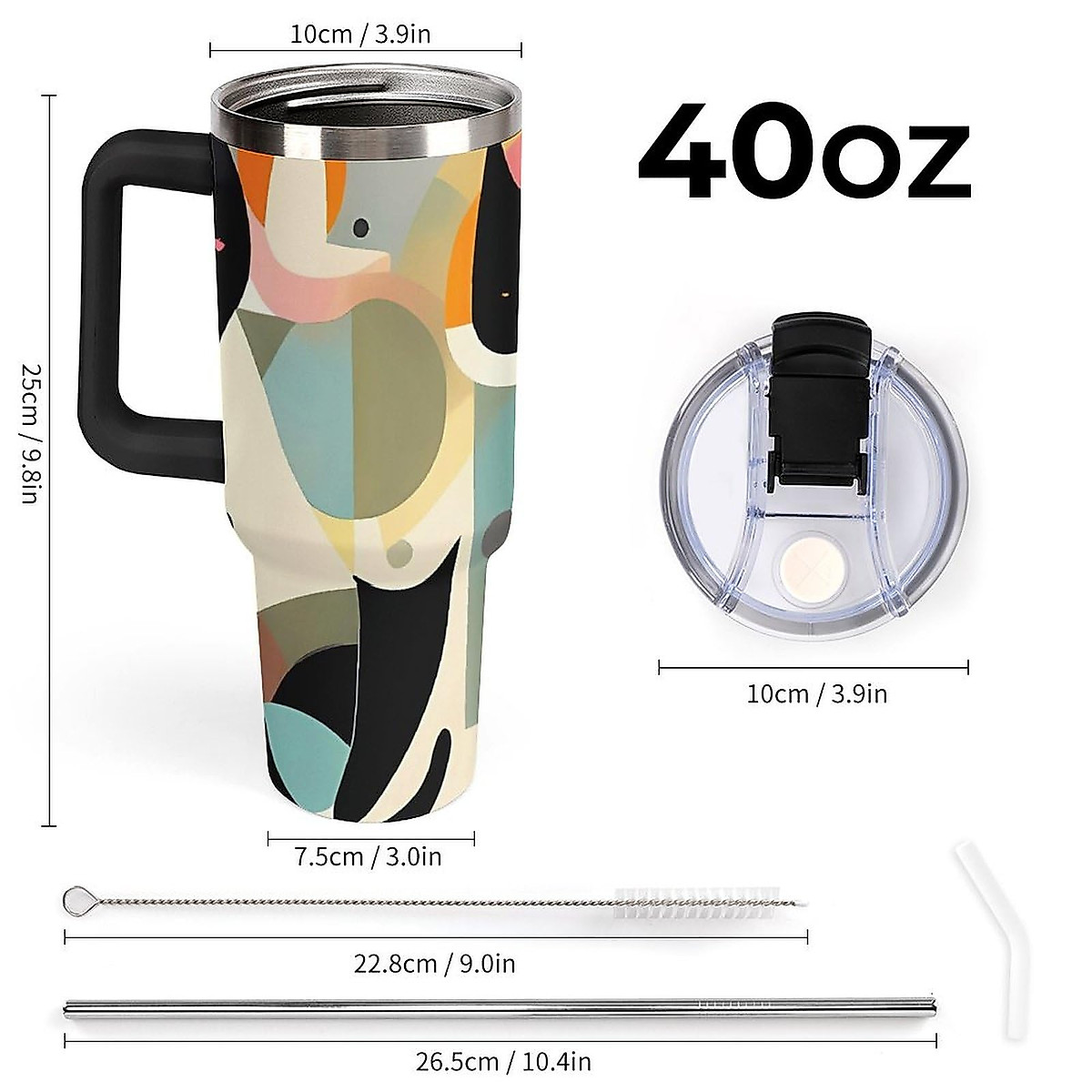 HJUQNGF 40 Oz Personalized Tumbler with Handle And Straw Mid-Century Modern Art Cat Stainless Steel Insulated Tumblers Reusable Car Thermal Cup Travel Coffee Mug for Women Men