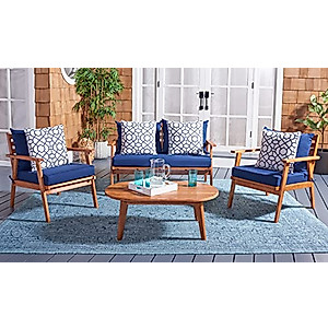 SAFAVIEH Outdoor Collection Deacon Acacia Wood Cushion 4-Piece Conversation Patio Set with Accent Pillows PAT7050E, Navy/Natural