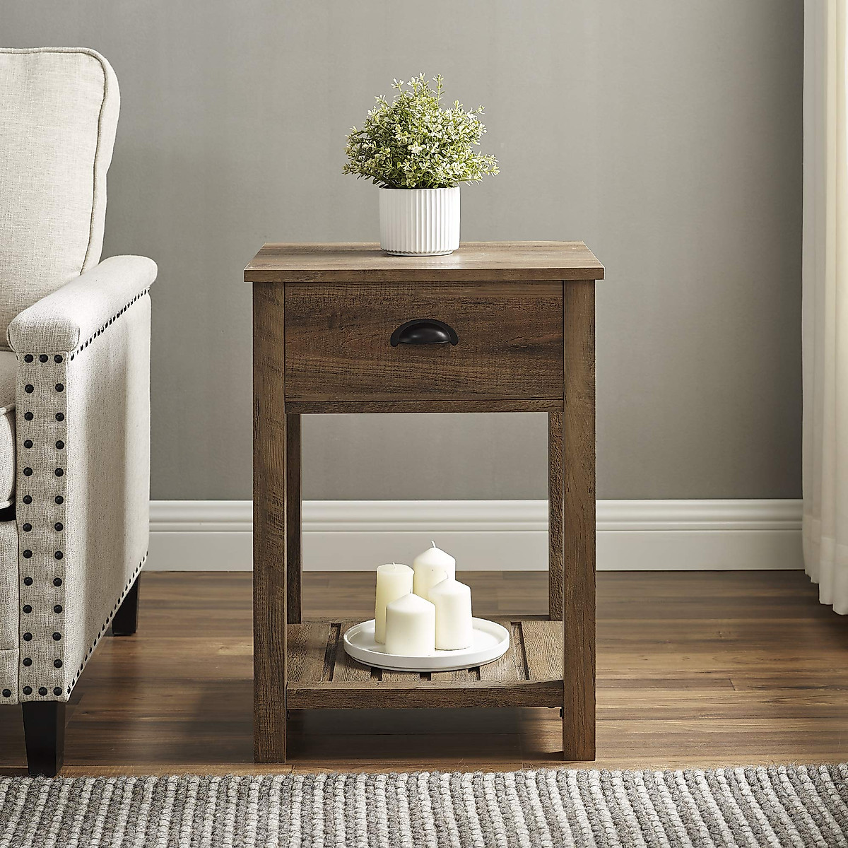 Walker Edison Farmhouse Square Side Accent Table Set-Living-Room Storage End Table with Storage Door Nightstand Bedroom, 18 Inch, Rustic Oak