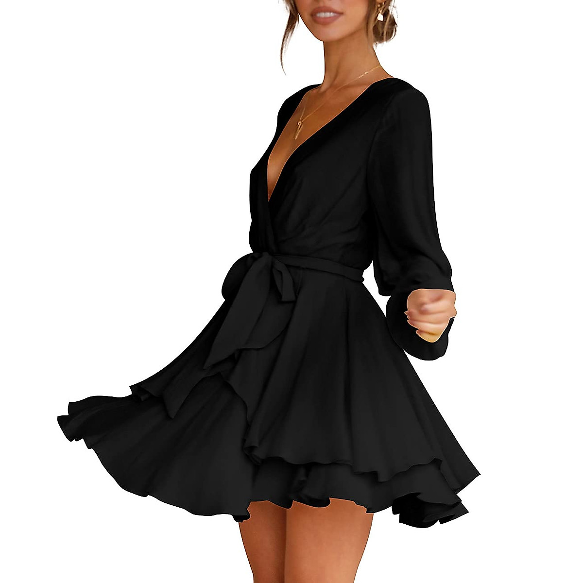Womens Skater Dress Deep V-Neck Lantern Sleeve Tie Waist Ruffle Mini Dress Black L