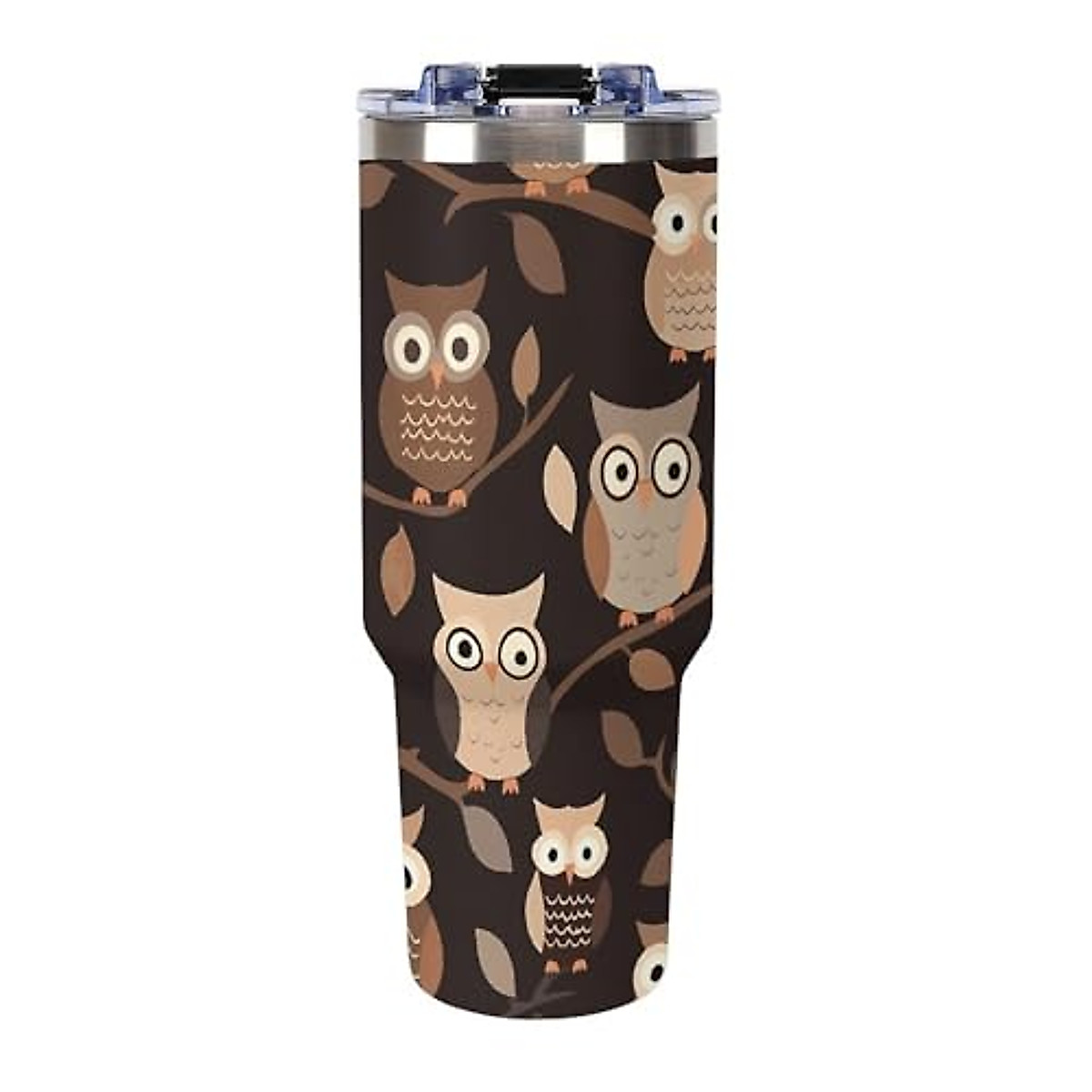 LLUTSNTH 40 Oz Vacuum Tumbler with White Handle Leakproof Insulated Tumbler Cute Brown Cartoon Owls Stainless Steel Travel Mug with Lid And Straw Coffee Cup Cute Water Bottles Cup Holder Friendly