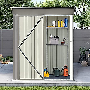 Tensun 5.3' x 2.8' x 6'Garden Shed with Ground Base, Metal Lean-to Storage Shed with Adjustable Shelf and Lockable Door, Tool Cabinet for Backyard, Lawn, Garden, Grey