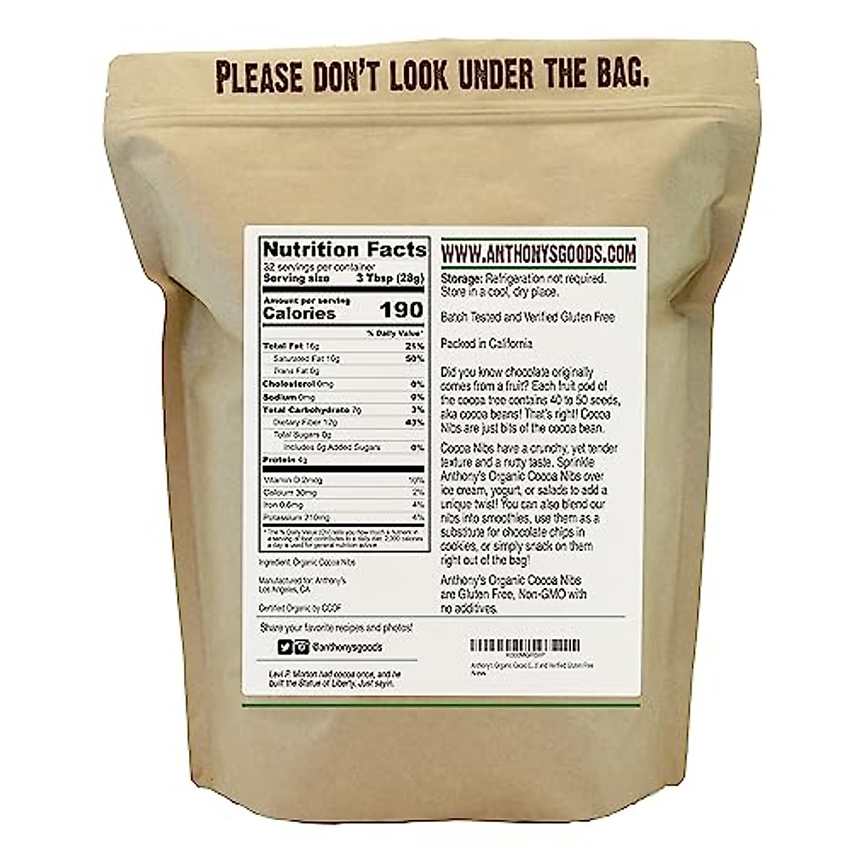 Anthony's Organic Cacao Cocoa Nibs, 2 lb, Batch Tested and Verified Gluten Free