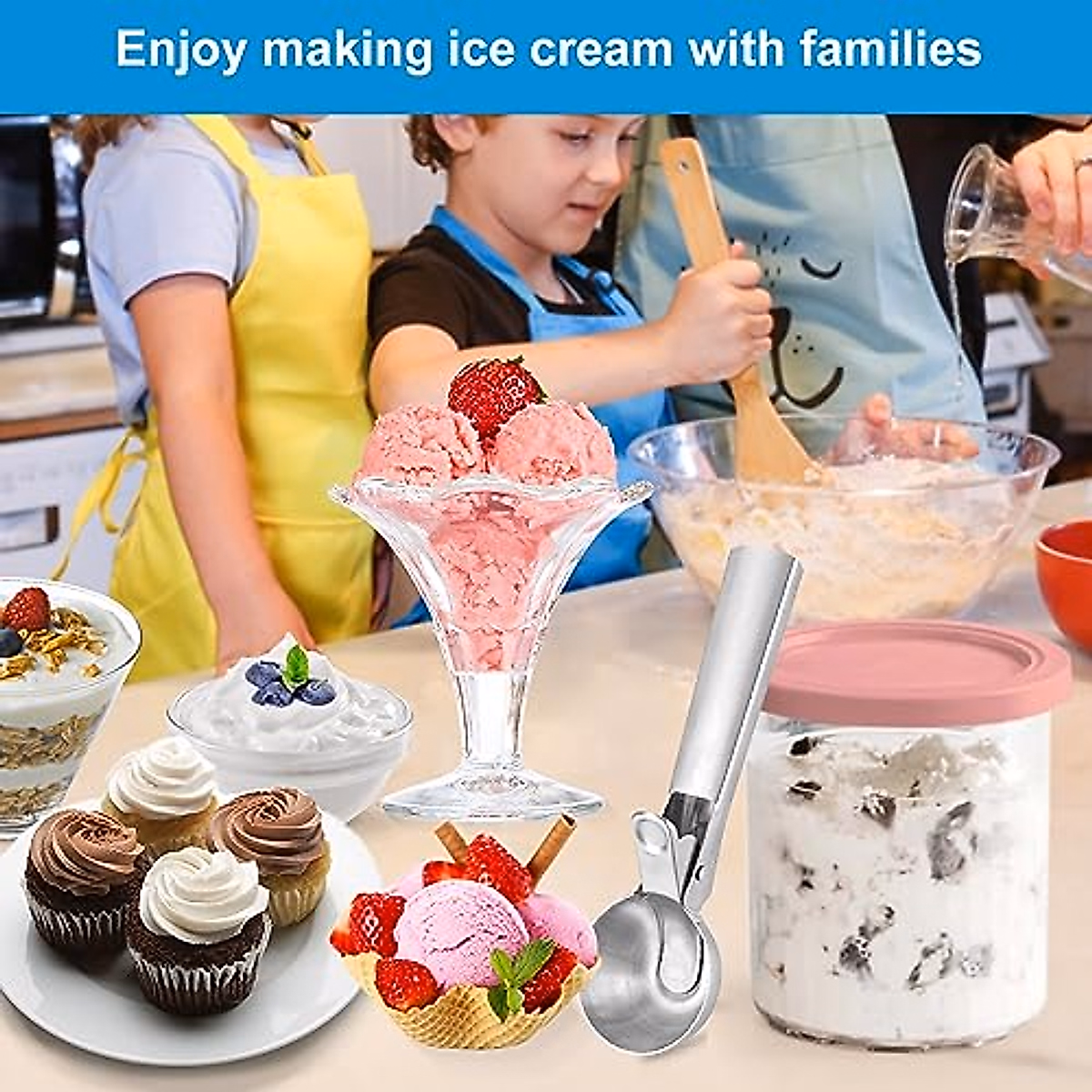CUTIECLUB 4 Ice Cream Pint Containers 24oz and Lids for Ninja Creami NC500 NC501 Series Deluxe ice Cream Makers, and Stainless Steel Ice Cream Scooper with Trigger Release Set