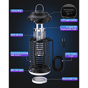 Bug Zapper Outdoor,15w Electric Mosquito Zapper with LED Light for Indoor,4200V Insect Fly Zapper Waterproof with 8.92ft Power Cord,Fly Trap Outdoor for Home,Patio,Backyard,Garden,Camping
