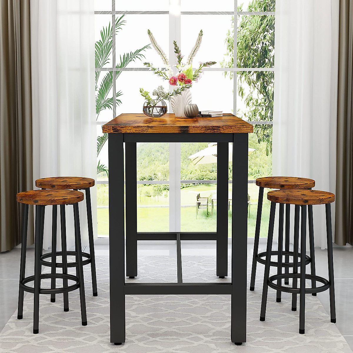 AWQM Dining Table Set for 4 Bar Table with Stools Industrial Counter Height Pub Table with 4 Chairs Bar Table and Chairs Set Kitchen Breakfast Table for Kitchen, Living Room, Industrial Brown