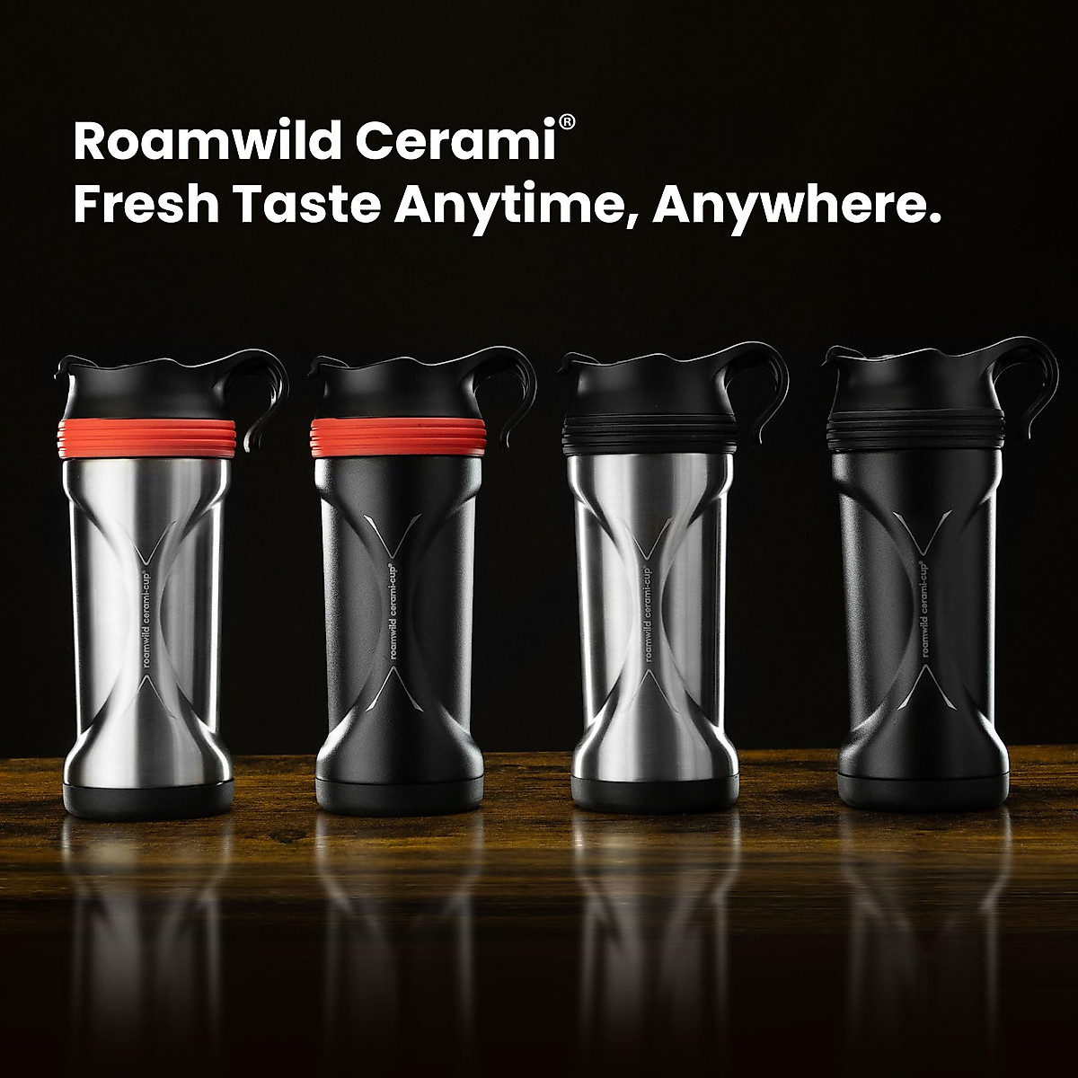Roamwild Cerami Cup 12oz / 354ml – With Unique Ceramic Fresh Tasting Inner Tumbler - Quadruple Thermal Insulation Technology Stainless Steel Travel Mug, BPA-Free, Dishwasher Safe (Black & Black)