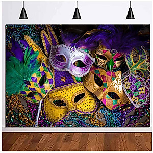 Masquerade Backdrops Purple Gold Glitter Beads Mask Carnival Photography Backdrop Fiesta Mardi Gras Dance Photo Background Birthday Party Photo Booths Props Decorations Supplies Vinyl 7x5ft