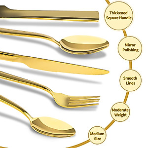 Gold Silverware Set, Briout 40 Piece Stainless Steel Flatware Cutlery Set Service for 8 Luxury Square Tableware Thick Knife Fork Spoon for Home Kitchen Restaurant Wedding, Mirror Polished