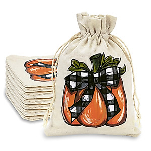 Whaline 24 Pack Fall Burlap Bags Pumpkin Drawstring Bags Watercolor Plaid Pumpkin Gift Bags Autumn Harvest Linen Jute Goody Bags for Fall Thanksgiving Christmas Halloween Party Favor DIY Craft Decor