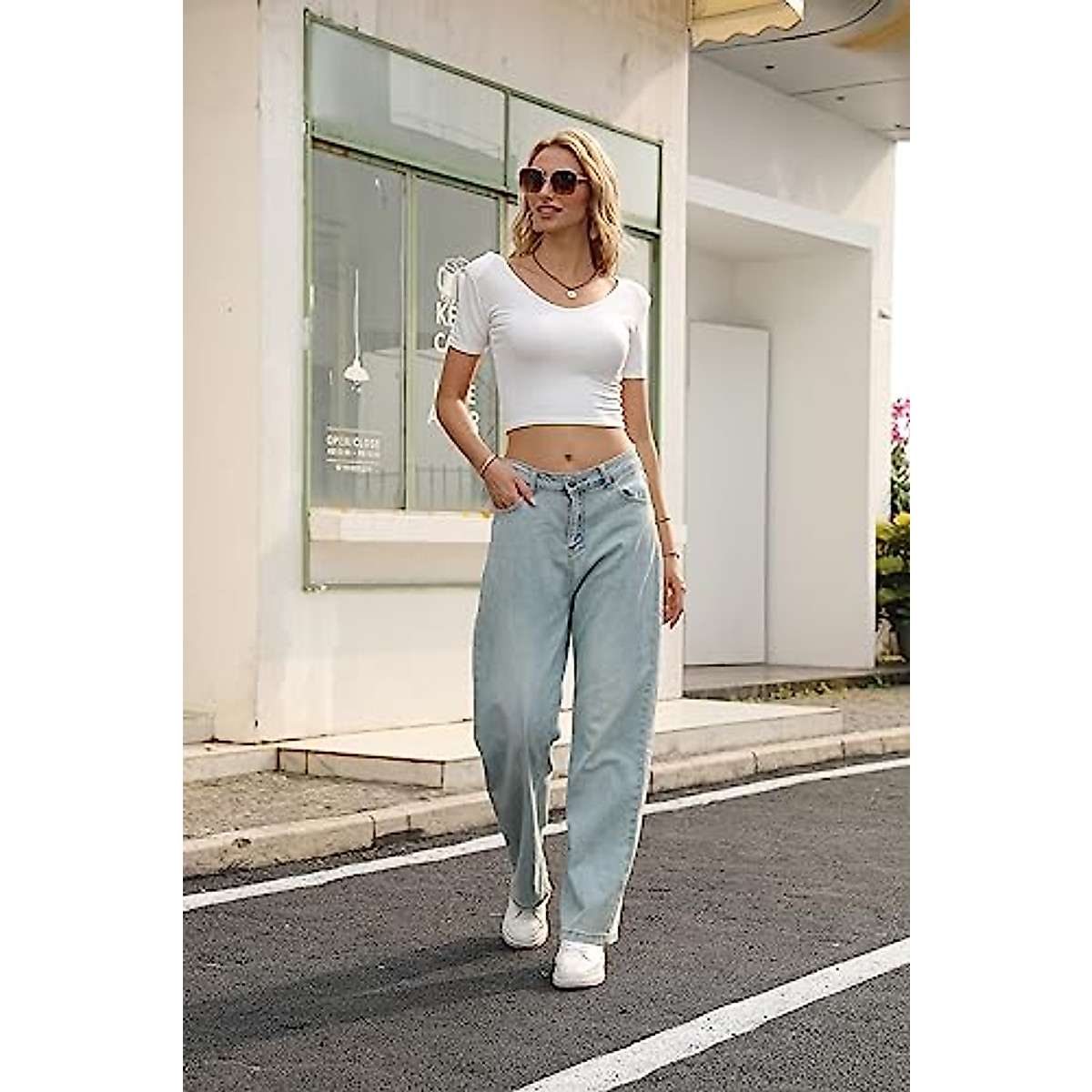 GIISAM Women's Baggy Jeans Disstressed Destroyed Vintage Pants Loose Wide-Leg High Waist Light Blue Denim Trousers