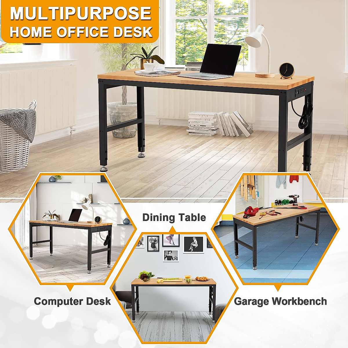 HABUTWAY Height Adjustable Workbench 60" 2000 Lbs Capacity Oak Wood Work Station Heavy-Duty Work Tables with Power Outlets for Garage Party Shop Office