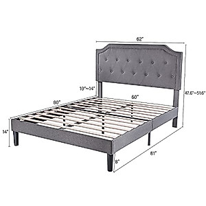 Einfach Bed Frame Queen Size, Upholstered Platform Bed with Sturdy Wood Slat Support, No Box Spring Needed, Easy Assembly, Light Grey