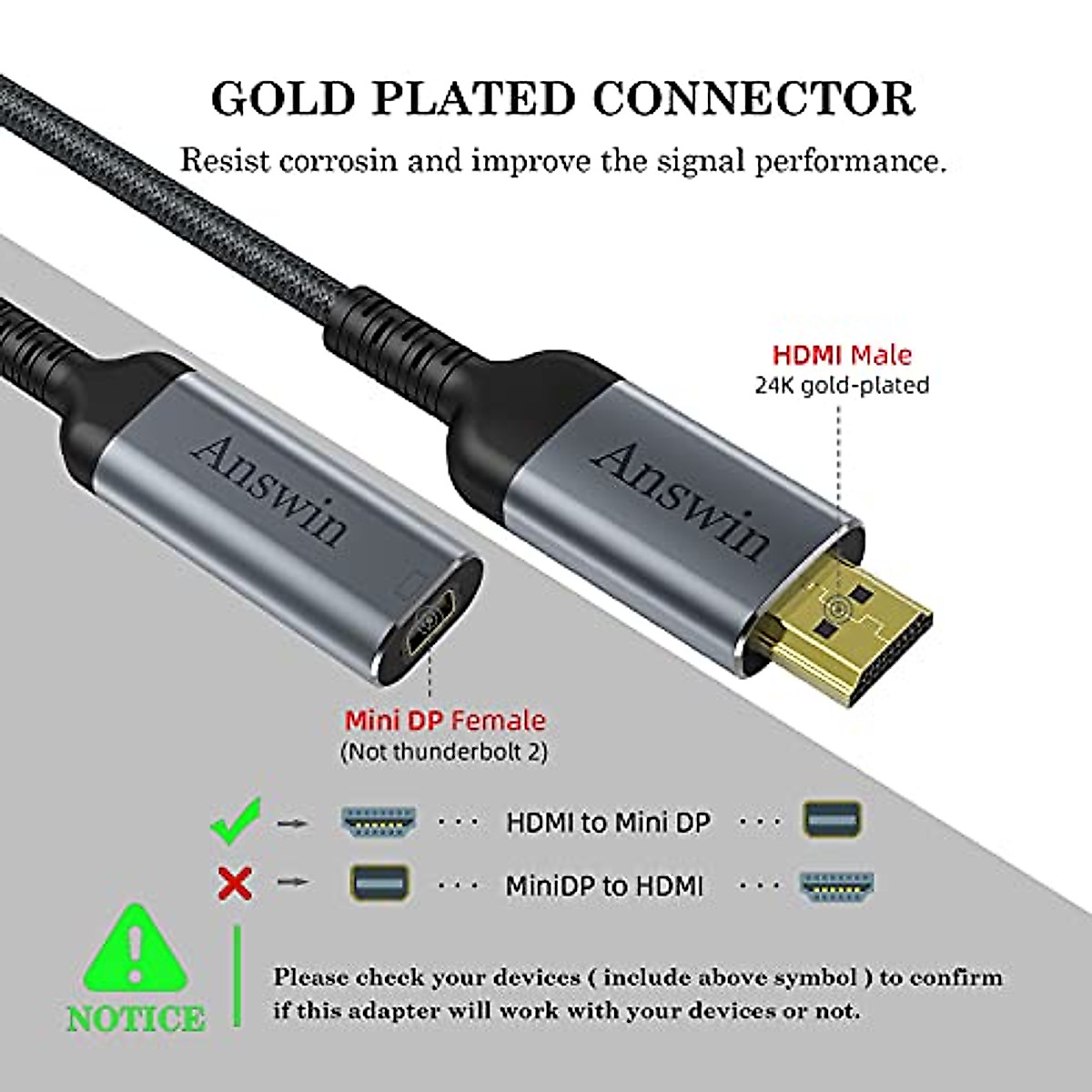 Answin HDMI to Mini DisplayPort Adapter, 4K HDMI to Mini DisplayPort Active HDMI 1.4 Source for Xbox One/360, Mac Mini, PC/Laptops to Mini DP 1.2 Out Monitor with DisplayPort/Mini DisplayPort