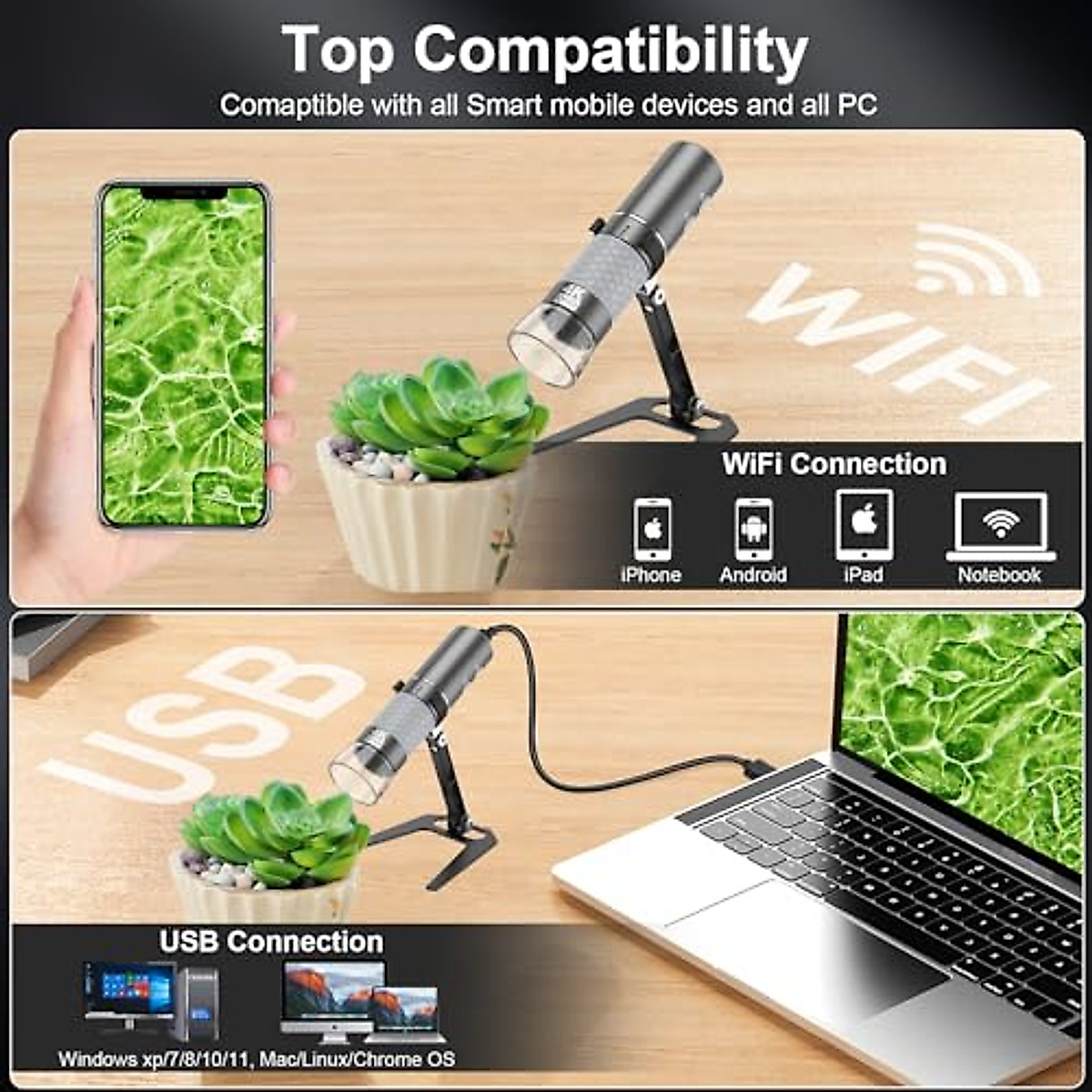 Bysameyee 4K HD Wi-Fi Wireless Digital Microscope Camera Magnifier, Compatible for iPhone, iPad, Android Phones and PC