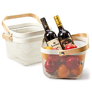EZOWare Set of 3 Metal Mesh Steel Baskets with Wood Handle, Fruit Vegetable Wire Storage Organizer Bins for Kitchen Bathroom Pantry Organization, Garden, Picnic - White