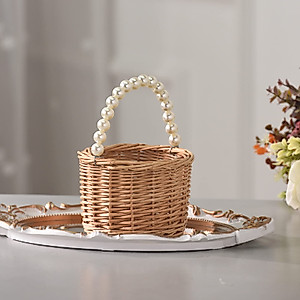 BETAULIFE Wicker Rattan Flower Girl Basket,Pearl Handle Flower Girl Basket,Wedding Flower Girl Basket and Home Decorations.