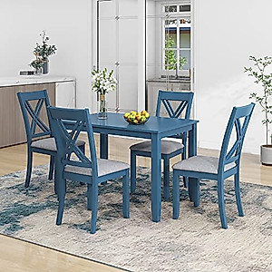 Bellemave 5 Piece Dining Table Set, Kitchen Dining Table with 4 X-Back Chairs, Wooden Dining Table and Upholstered Chair Set, Farmhouse Dining Room Set for 4 Persons (Blue)
