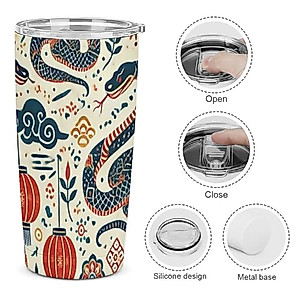 20oz Hand Drawn Vintage Snake Pattern Tumbler Stainless Steel, Vacuum Insulated Tumbler with Lid And Straw Unique Coffee Mug Travel Mug Gifts for Women Men