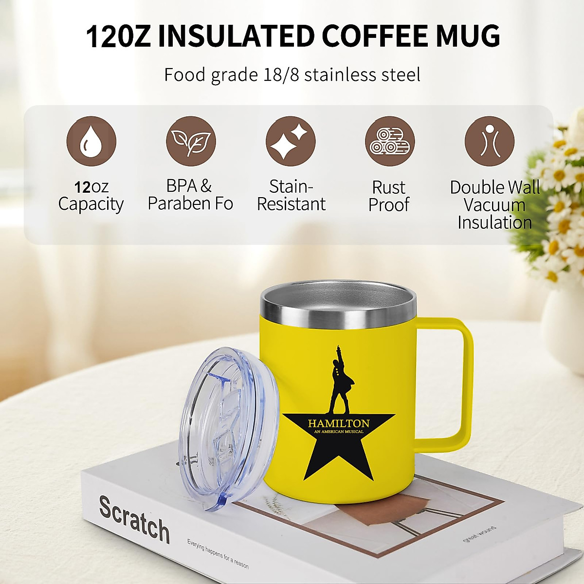 WFSJRED Theater Gifts 12 oz Insulated Mug for Coffee Mug with Leak-Resistant closeable hot lid for hot Drinks with Handle Broadway Gifts for Musicians (HAMILTON)