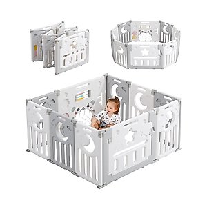 Dripex Baby Playpen, Foldable Playpen for Babies and Toddlers, Adjustable Shape Baby Fence, Safety Play Yard with Gate, Portable Play Area for Indoor or Outdoor (Grey+White,10 Panel)