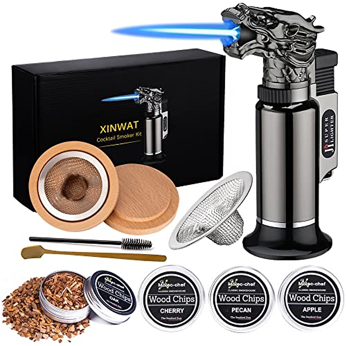 Cocktail Smoker Kit with Torch, 4 Kinds of Wood Chips for Drink Smoker Infuser Kit, Bourbon/Whiskey Smoker Accessories, Old Fashioned Smoker Kit as Ideal Gifts for Men, Dad, Husband