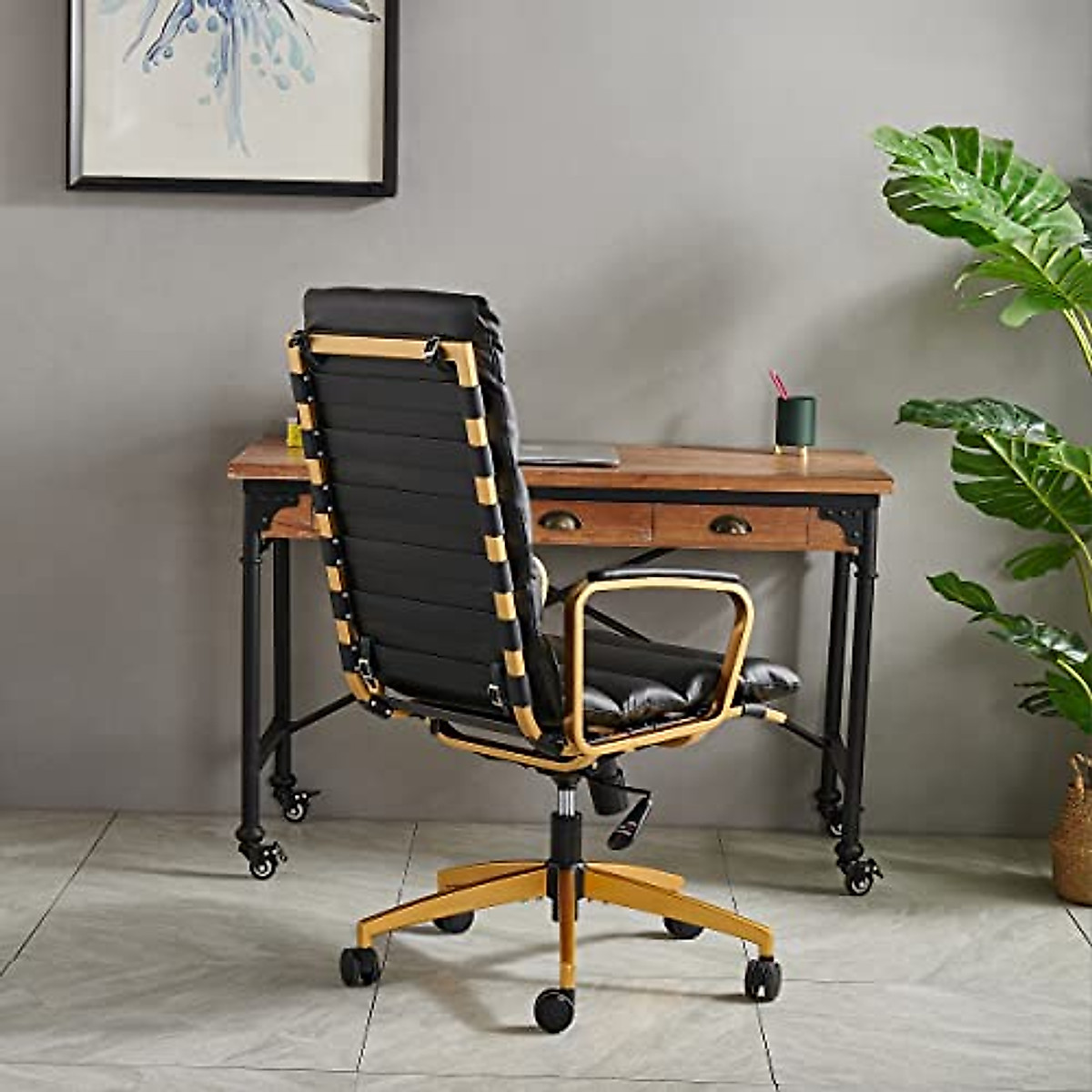 Hioryllks Modern Chair - Black Leather, Gold Frame, Adjustable, Durable, Office Use